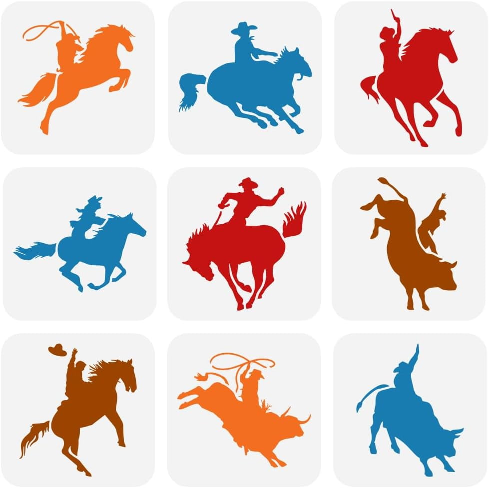 9 Pcs Cowboy Painting Stencil 5.9x5.9inch Reusable Horse Drawing ...