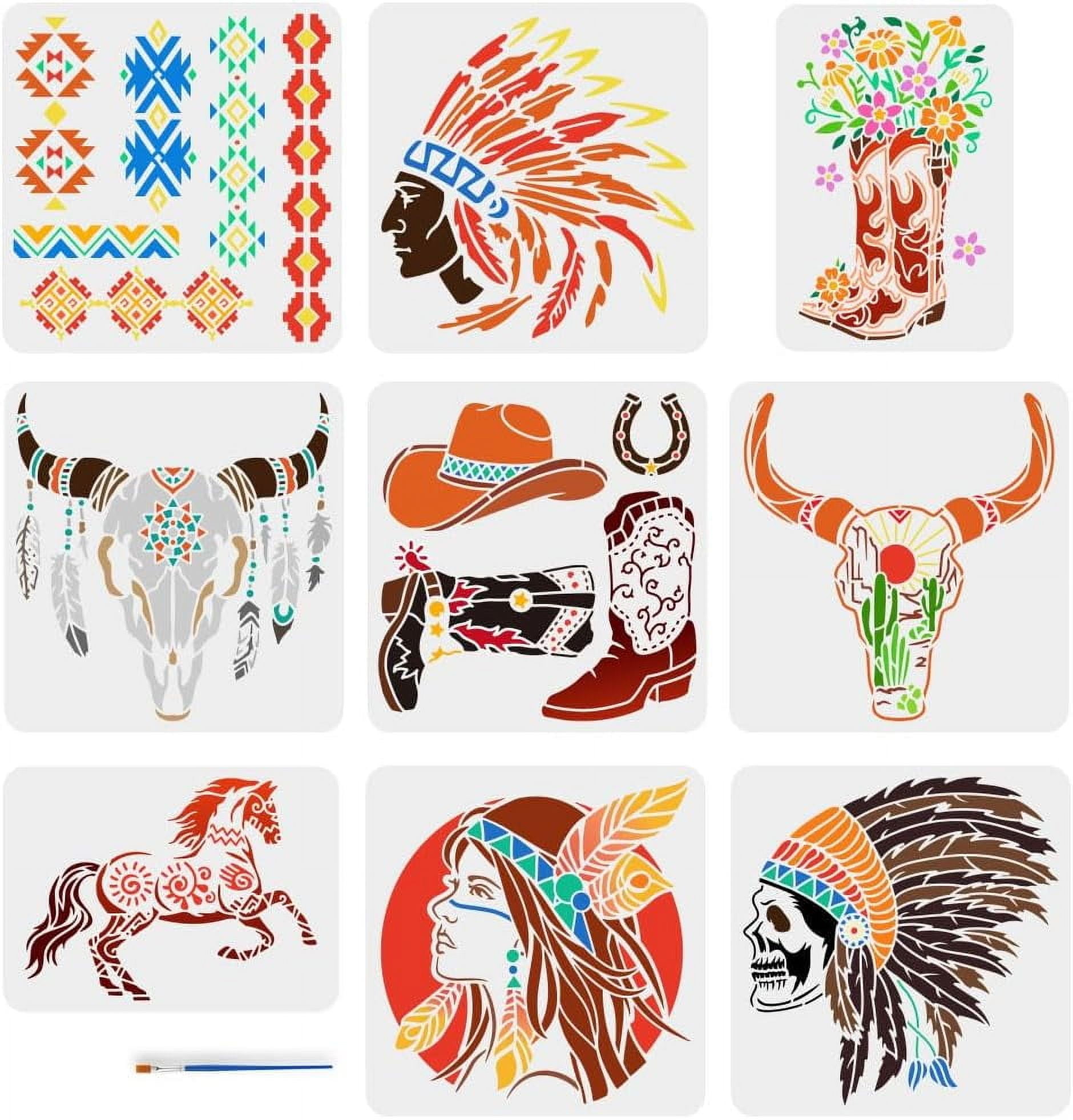 9 Pcs Cowboy Theme Drawing Stencil with A Paint Brush 2 Size Western ...
