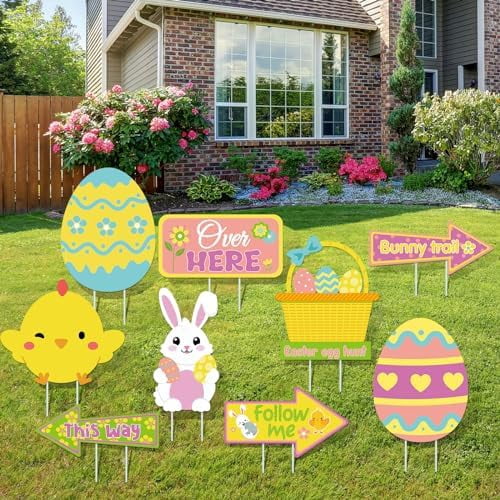 9 Pcs Easter Yard Signs Decorations Easter Egg Hunt Decorations Set ...