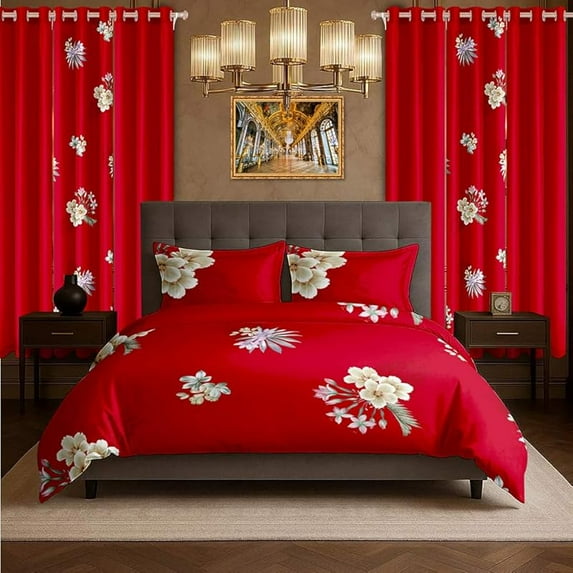 9 Pcs Floral Bedding Set with Curtains, Red Bedspread and Pillowcase ...