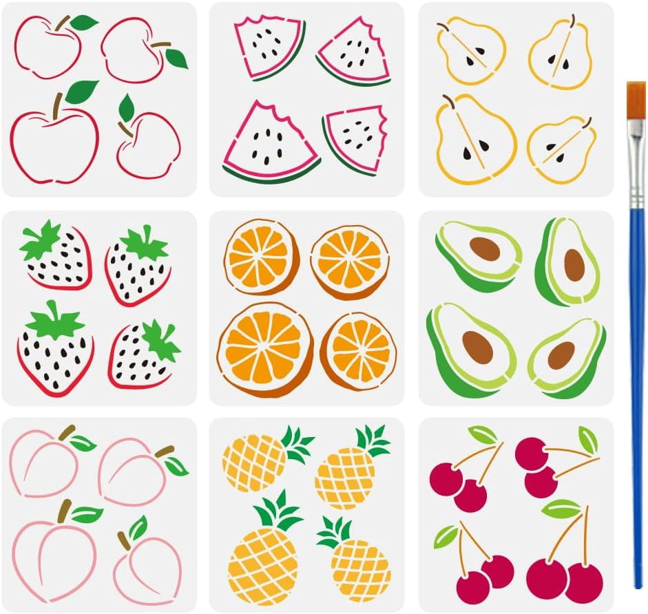 9 Pcs Fruit Painting Stencil with Brush 5.9x5.9inch Watermelon Pear ...