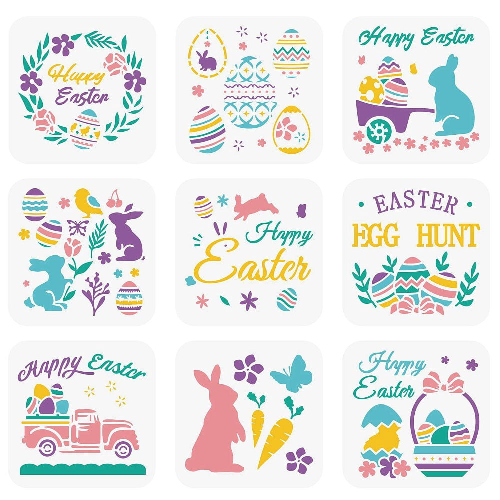 9 Pcs Happy Easter Stencils 5.9x5.9inch Reusable Easter Bunny Easter ...
