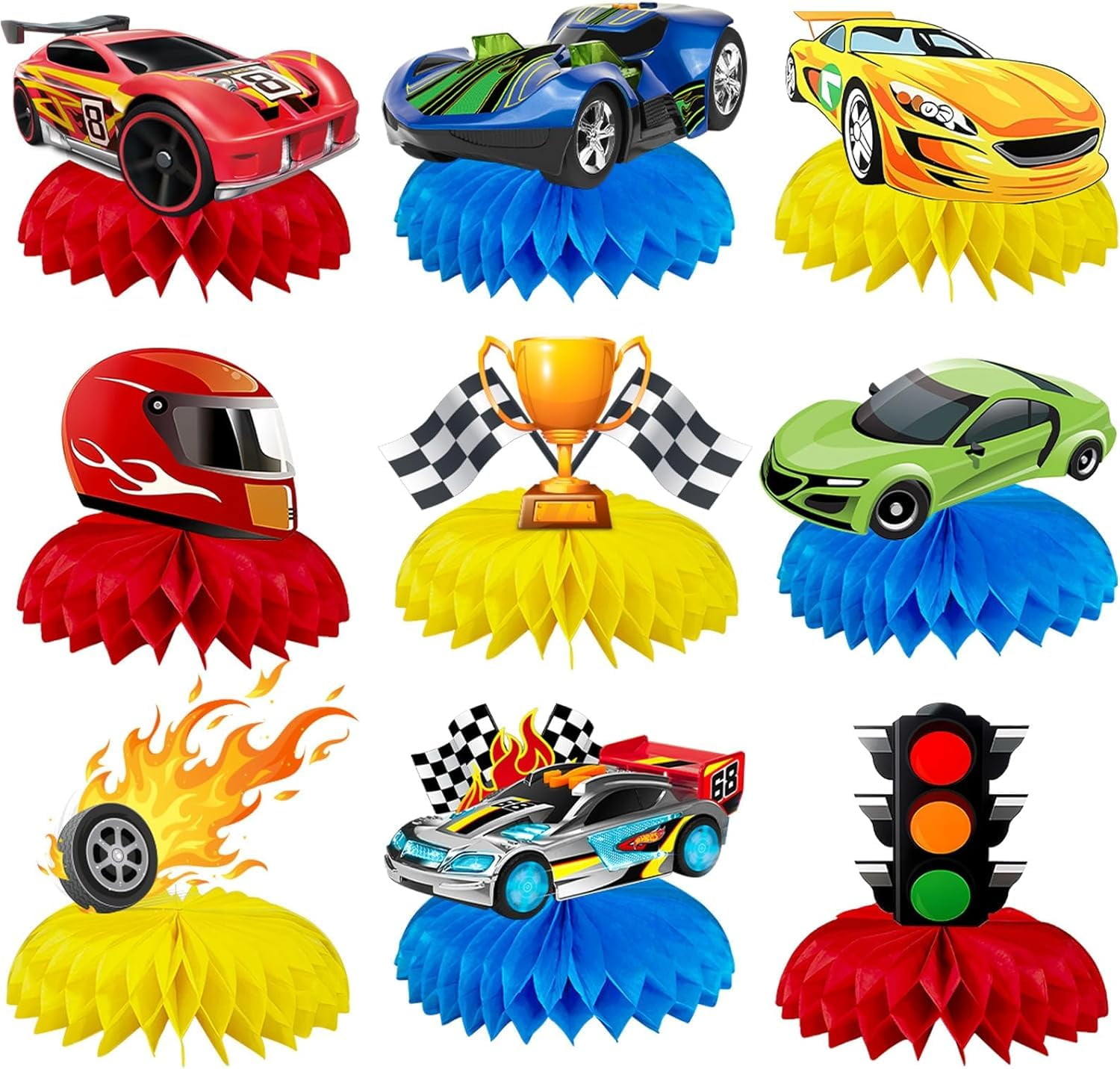 9 Pcs Hot Race Car Birthday Party Supplies，Race Car Party Honeycomb ...