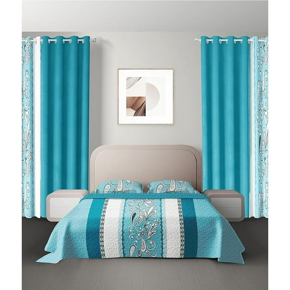 9 Pcs King Bed in A Bag with Curtains | Blue Boho Bedspread, 2 ...