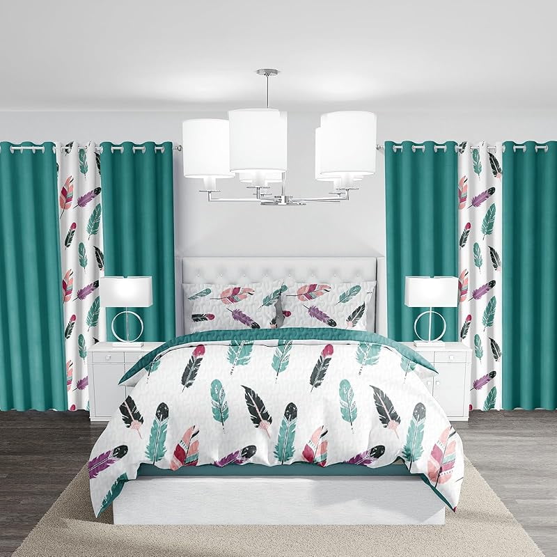 9 Pcs King Bed in a Bag with Curtains | Teal Floral Boho Bedspread ...