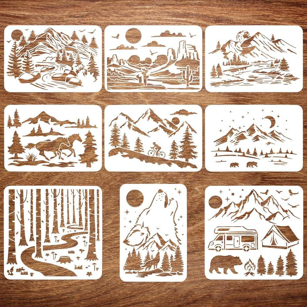 9 Pcs Landscape Painting Large Stencil 8.3x11.7" 11.8x11.8" Mountains ...