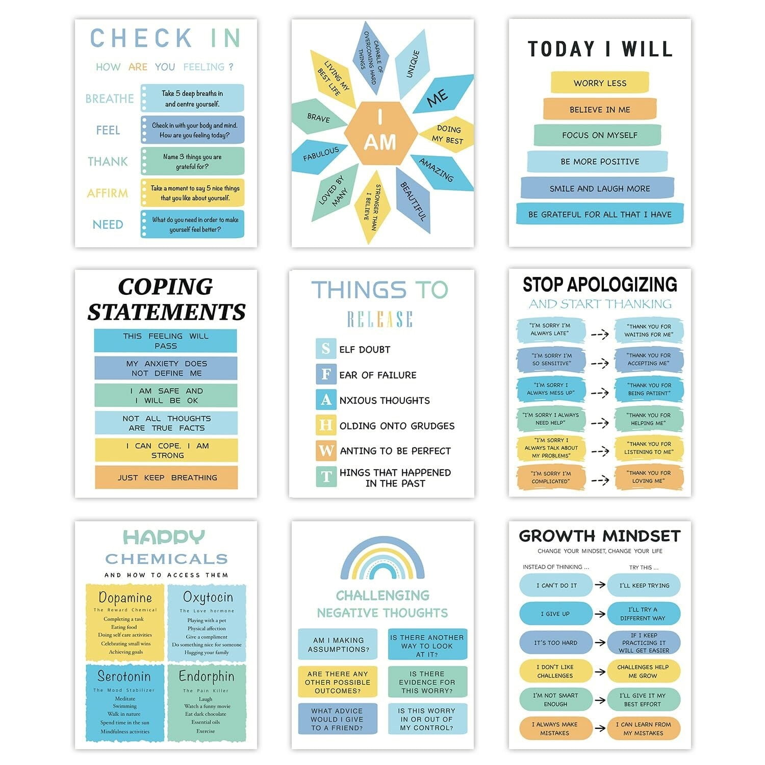 9 Pcs Mental Health Posters Therapy Offices Decor, Boho Positive ...