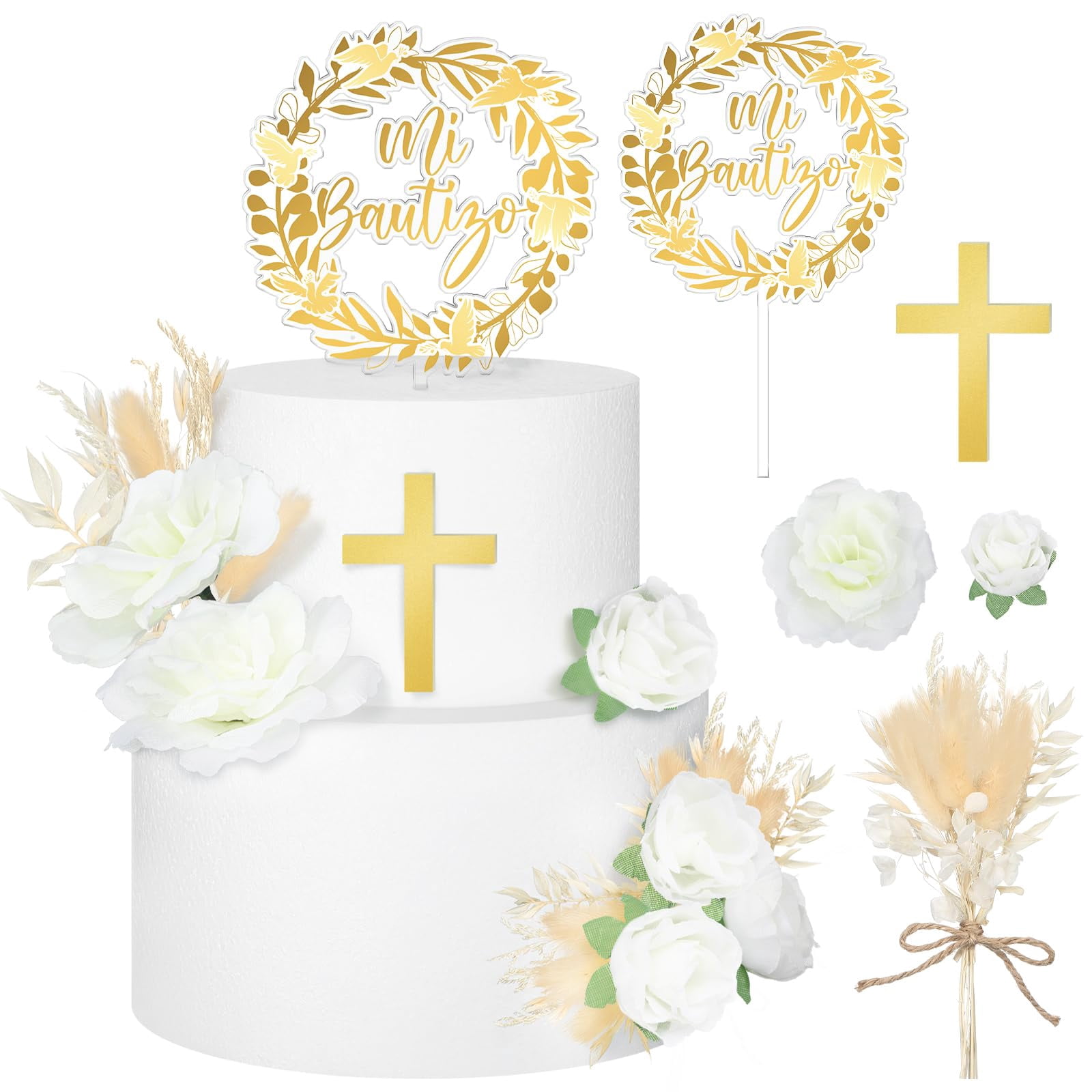 9 Pcs Mi Bautizo Cake Topper BSL1 Gold Cross and Dried Flower Decor Set ...