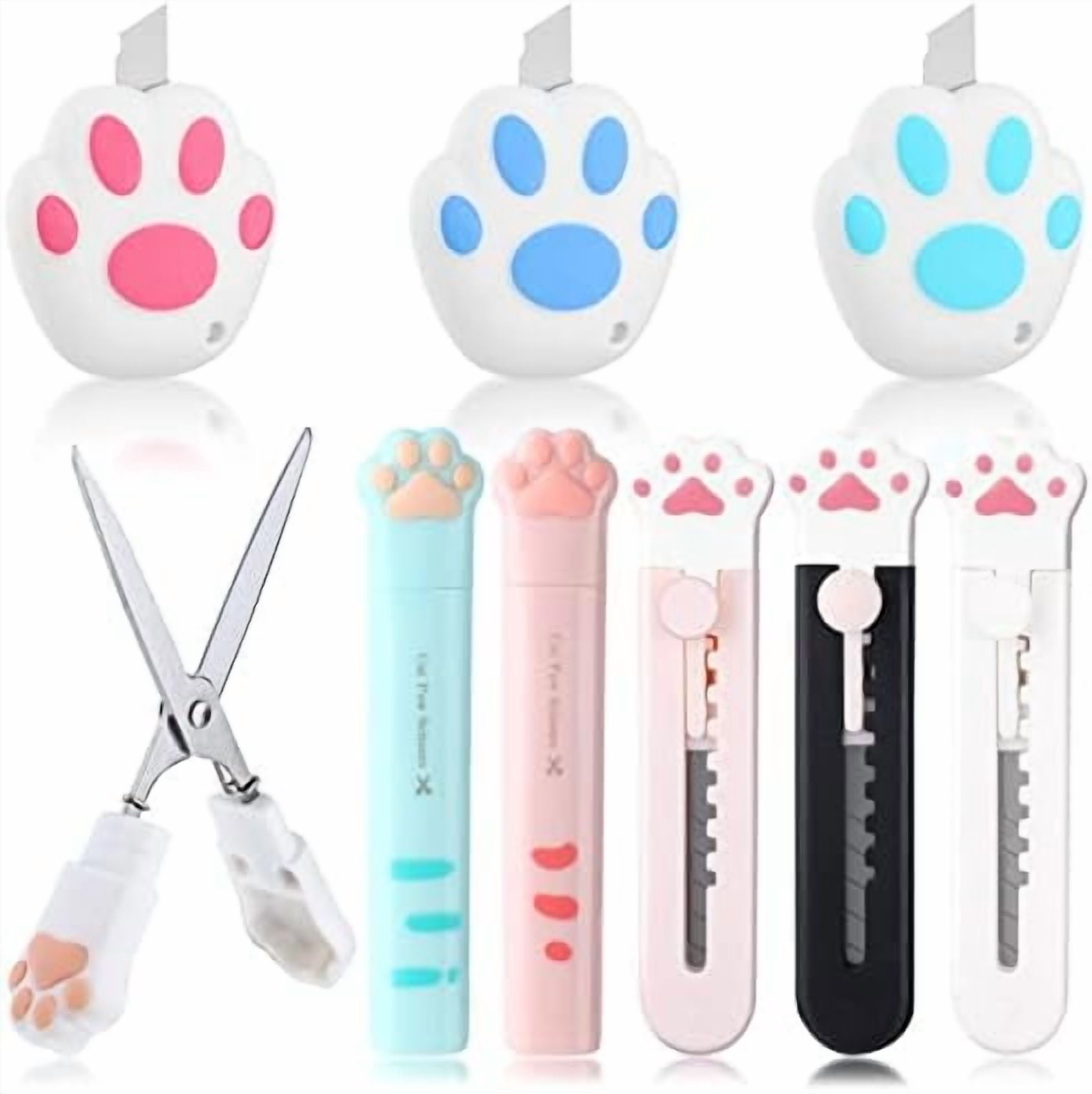 9 Pcs Mini Cute Box Cutter Scissors Knives Set Carton Cat Paw Stainless ...