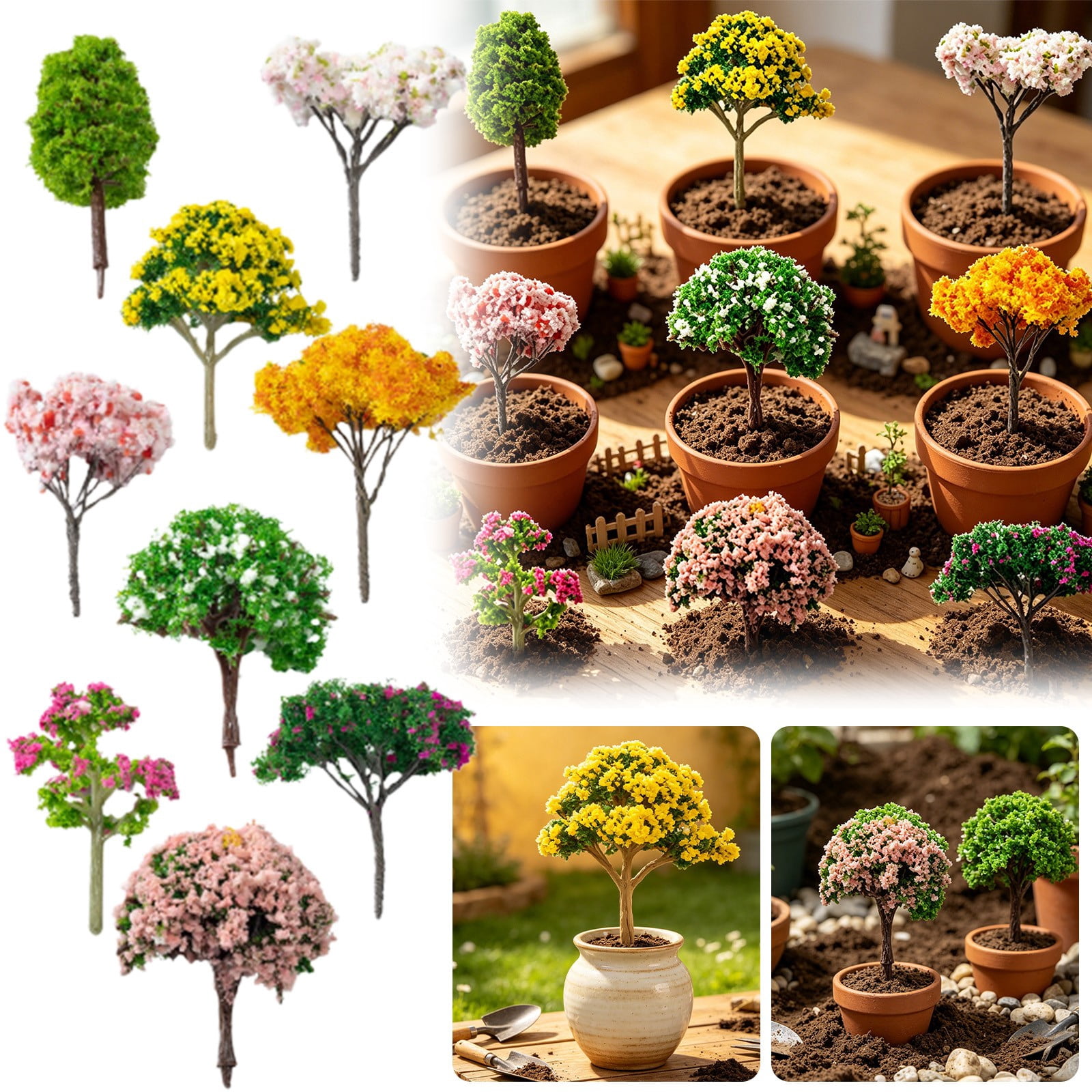 9 Pcs Mixed Miniature Trees Set - Plastic Model Trees with Flowers ...