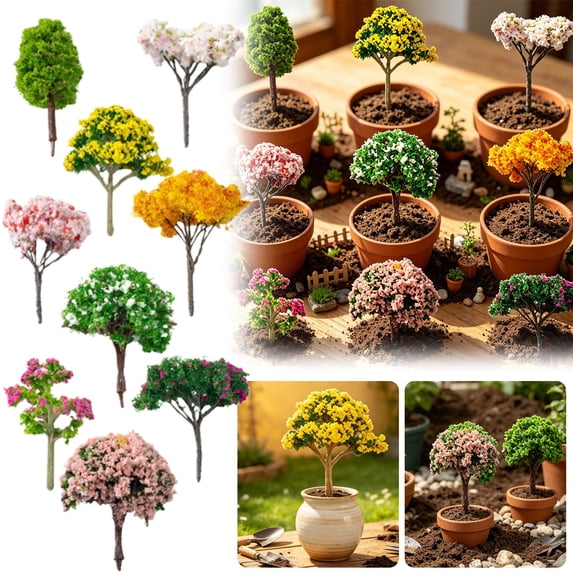 9 Pcs Mixed Miniature Trees Set - Plastic Model Trees with Flowers ...