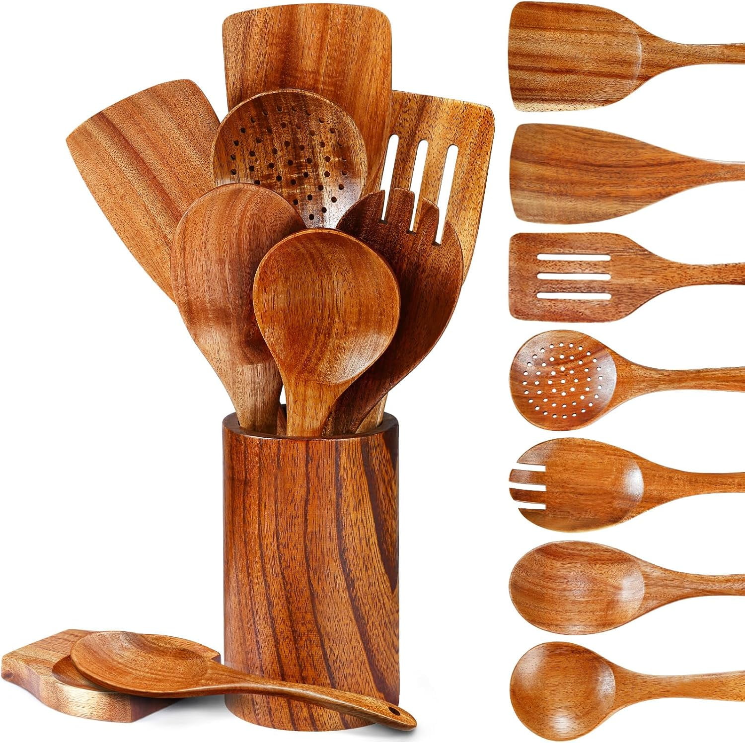 9 Pcs Natural Teak Wooden Utensil Set with bamboo holder, Non-Scratch ...