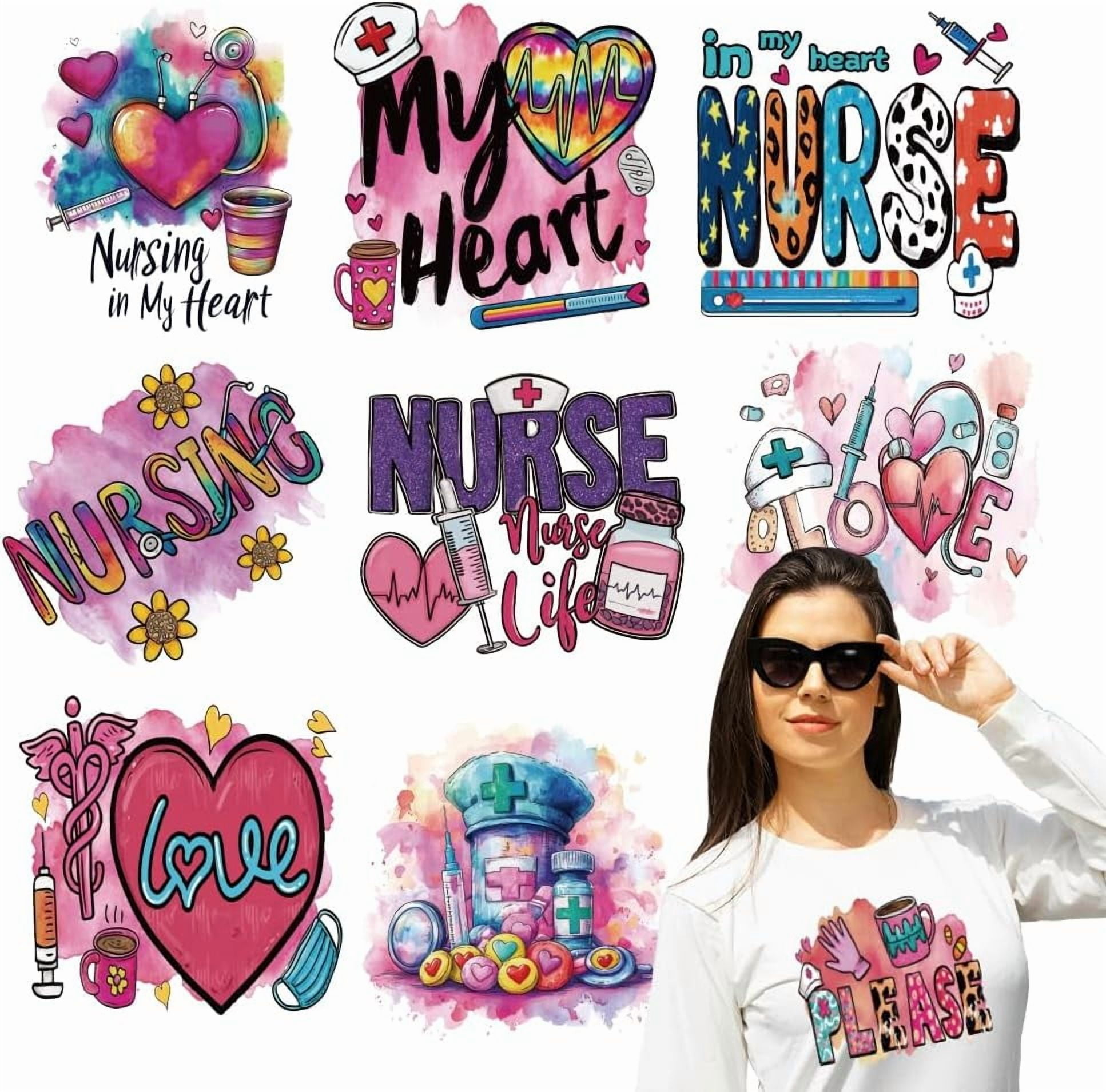 9 Pcs Nurse Theme Heat Transfer Film Logo Stickers Set 9 Styles Pink ...