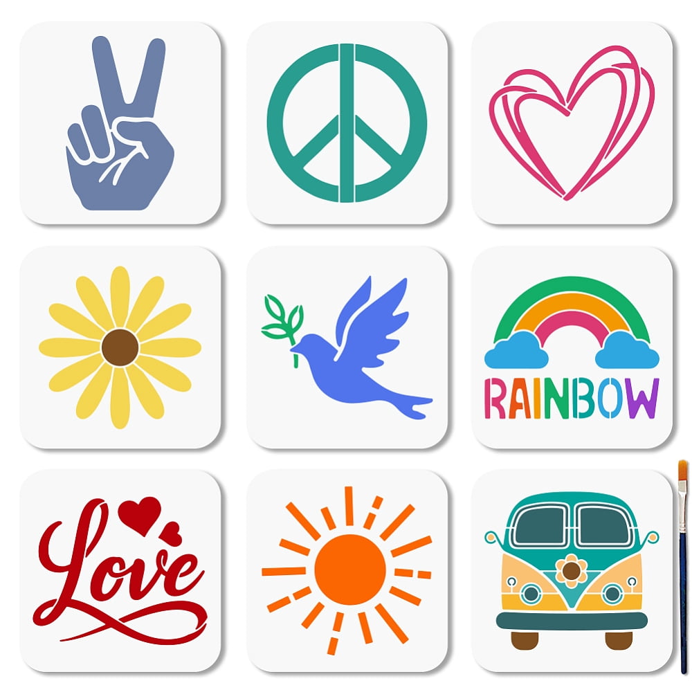 9 Pcs Peace Love Rainbow Stencil Reusable Victory Hand Painting ...