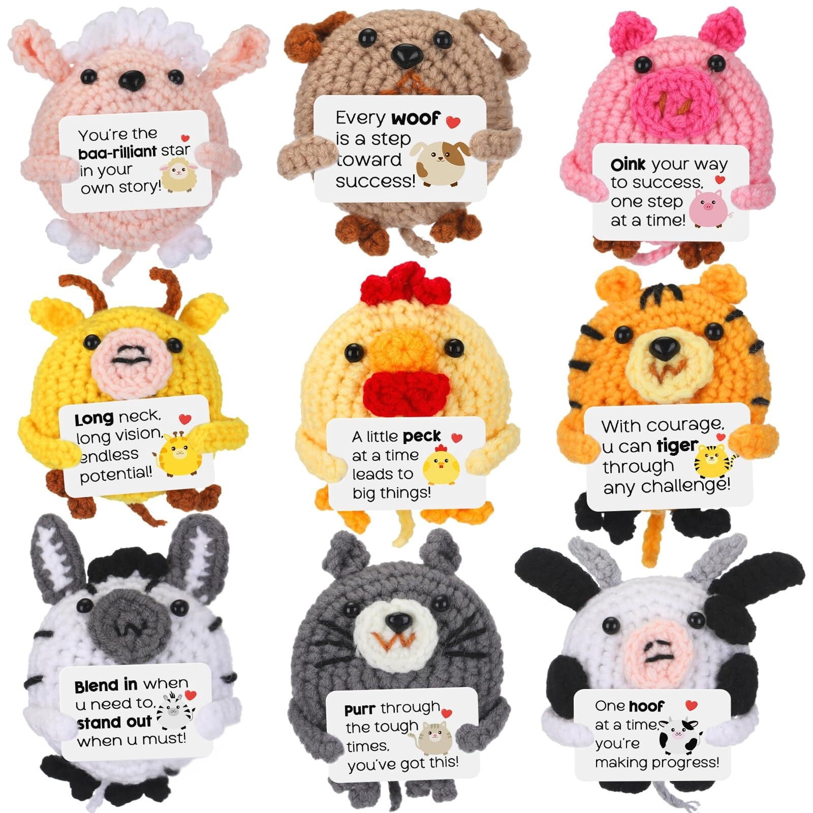 9 Pcs Positive Farm Animals Crochet with Inspirational Cards Tiny ...