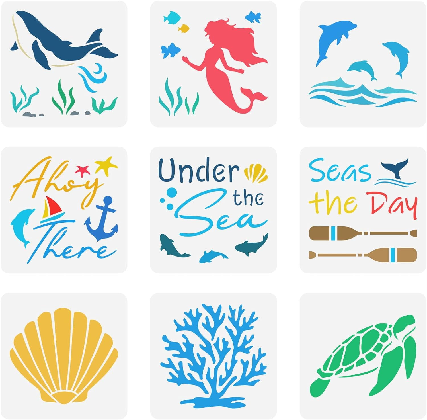 9 Pcs Sea Ocean Creatures Stencil Sets 5.9x5.9 inch Undersea Stencils ...