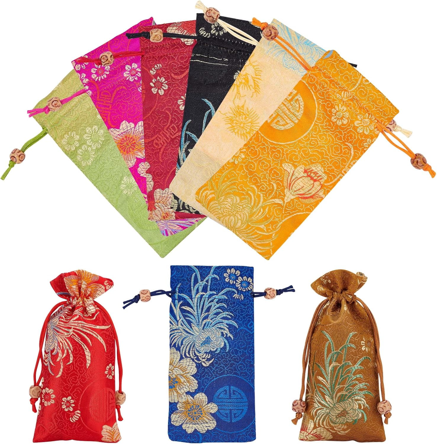 9 Pcs Silk Drawstring Jewelry Bags 3.1x6.3 Rectangle Floral Embroidered ...