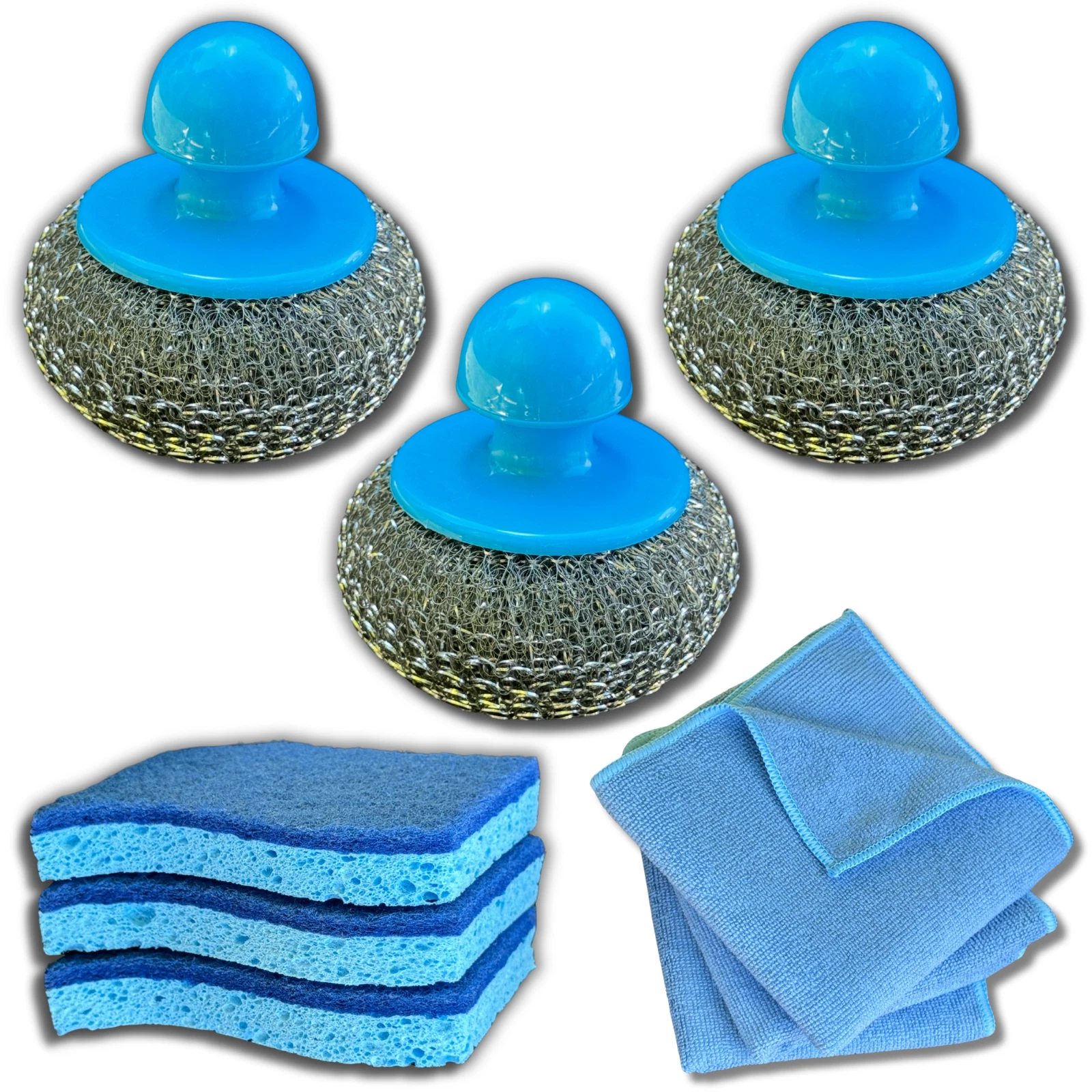 9 Pcs Stainless Steel Kitchen Cleaning, Cellulose Sponges & Microfiber ...