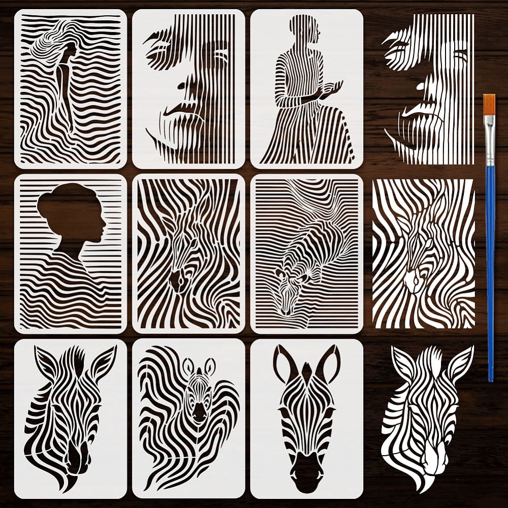 9 Pcs Stripes Art Painting Stencil with Brush 8.3x11.7 Inch Abstract ...