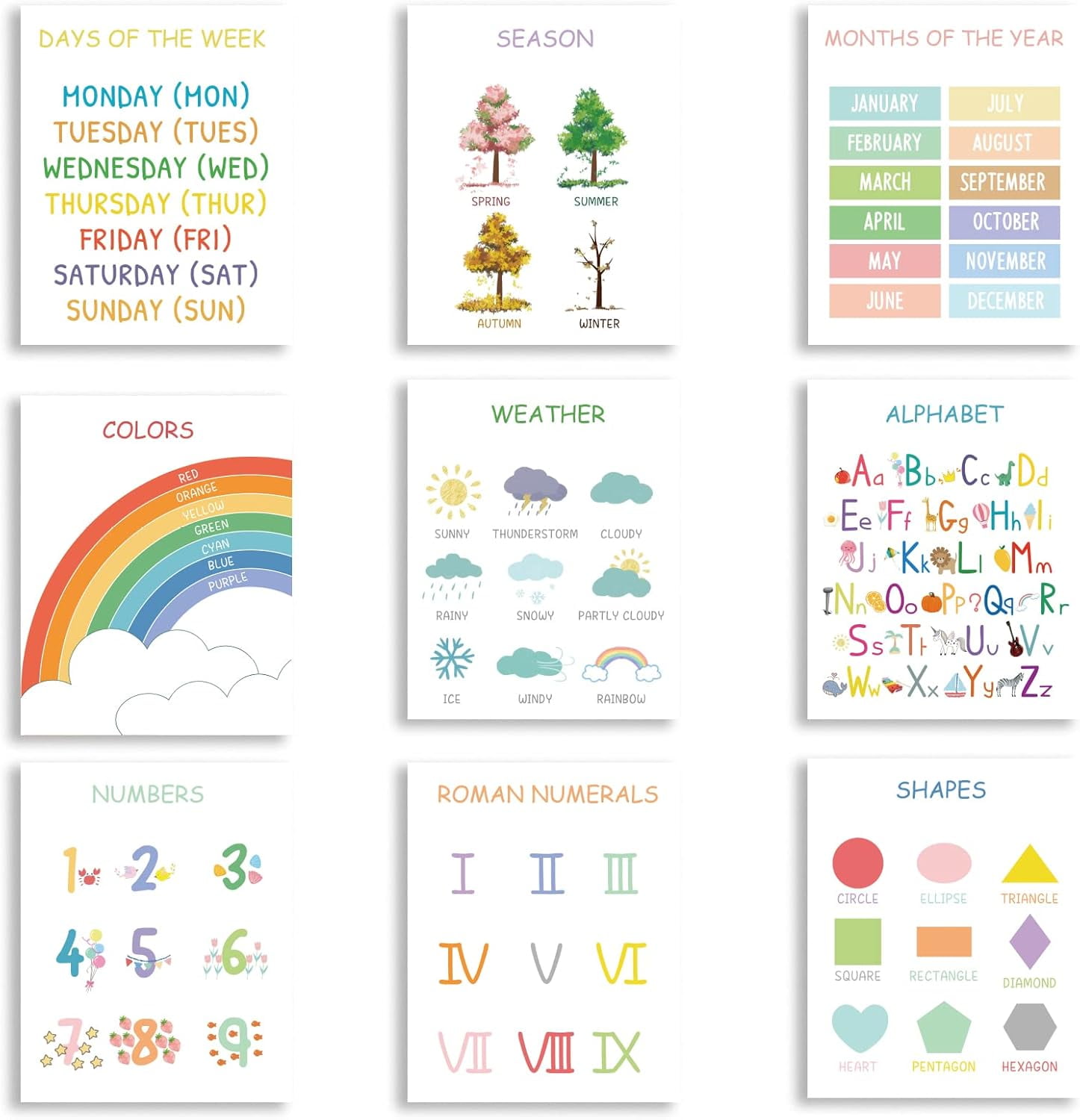 9 Pcs Teaching Children Unframed Canvas Prints Number Season Weather ...