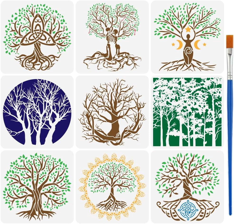 9 Pcs Tree of Life Painting Template with Brush 11.8x11.8inch Love ...