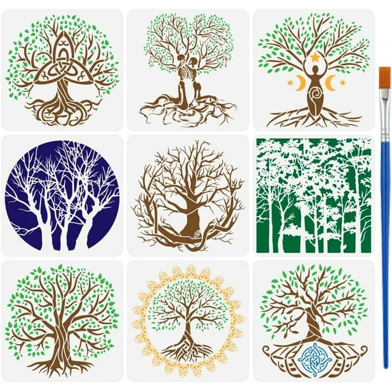 9 Pcs Tree of Life Painting Template with Brush 11.8x11.8inch Love Painting Template Spiral ...
