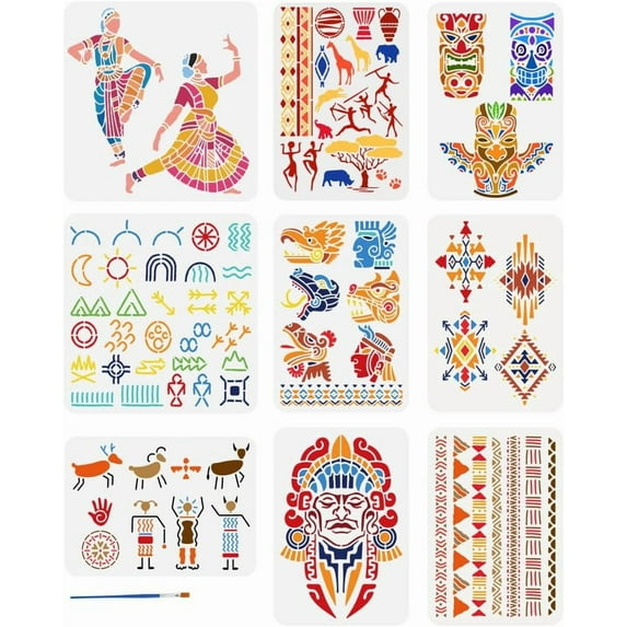 9 Pcs Tribal Symbols Drawing Stencil with Paint Brush 2 Size Aztec Sign ...