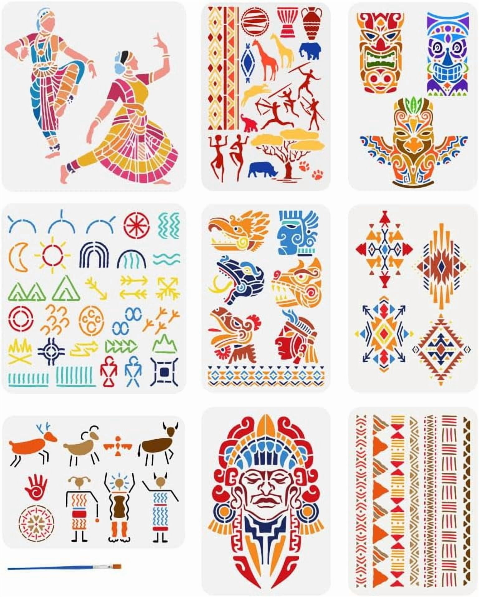 9 Pcs Tribal Symbols Drawing Stencil with Paint Brush 2 Size Aztec Sign ...
