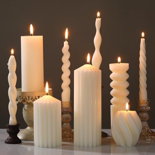 9 Pcs White Modern Decorative Candles Set 5 Pillar Aesthetic Ribbed ...