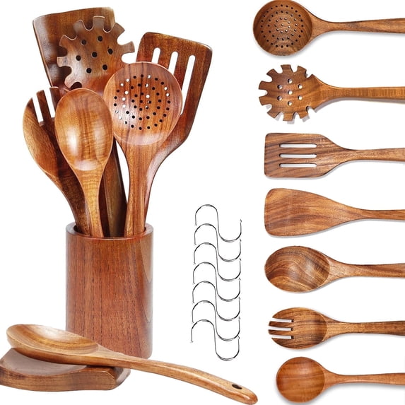 9 Pcs Wooden Spoons for Cooking Utensils, Natural Teak Wooden Cooking ...