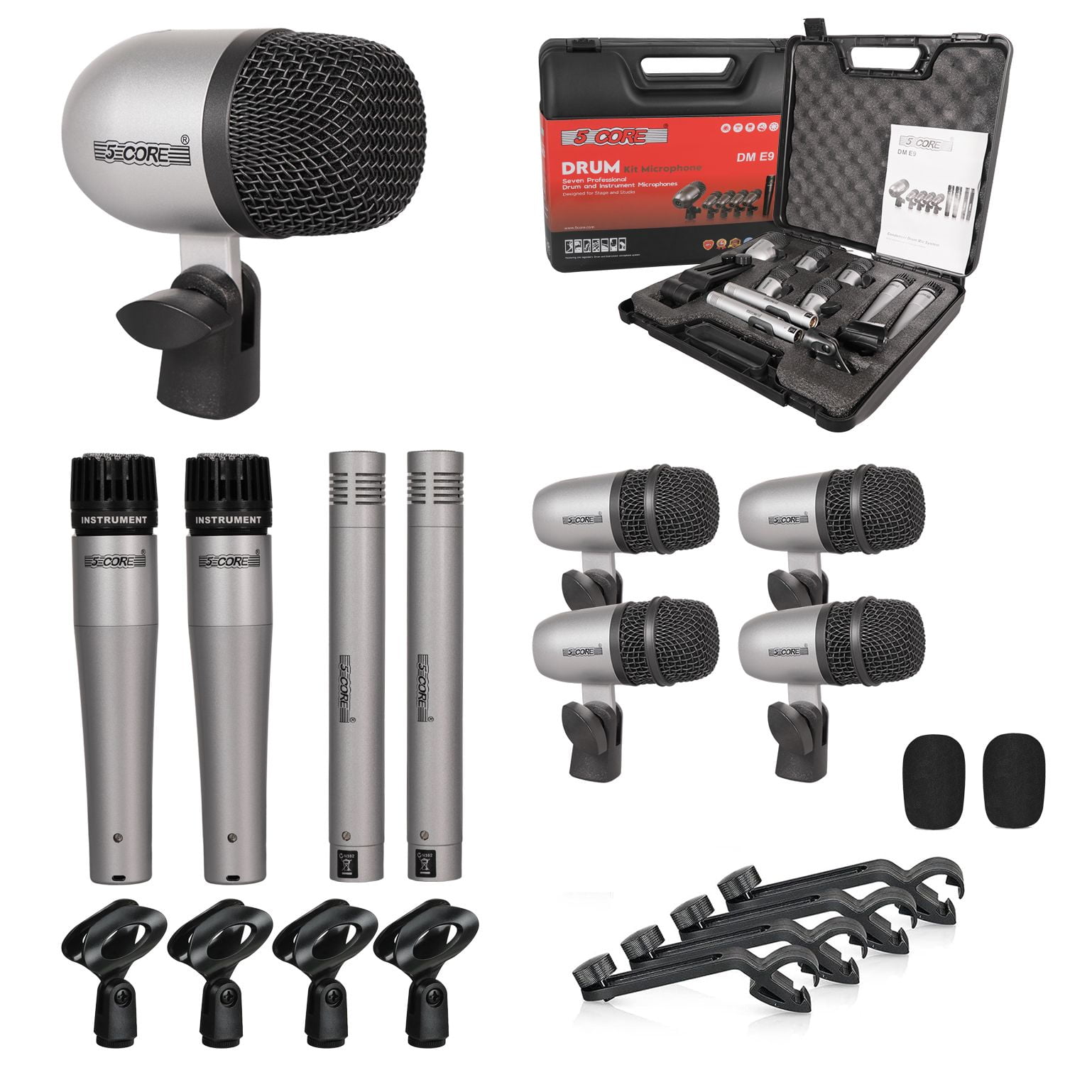 9-Piece All-Metal Drum Microphone Kit with Case, Professional Wired ...