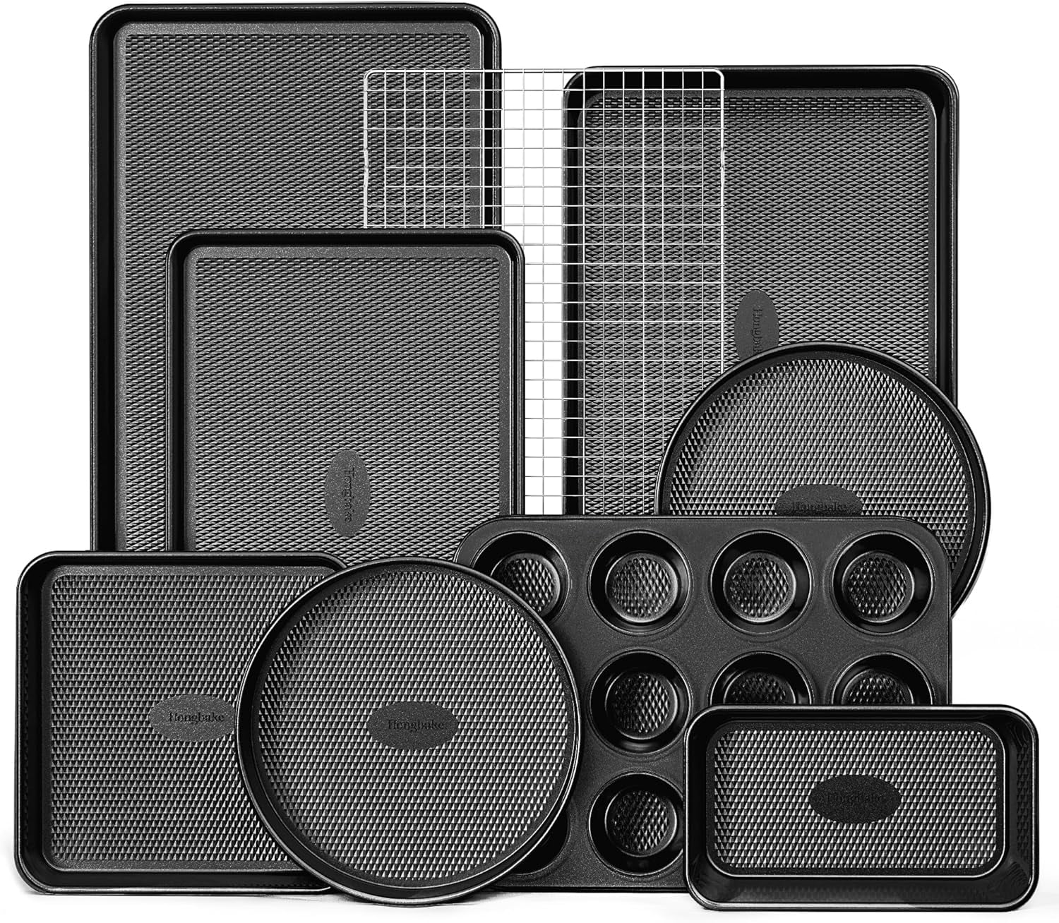 9-Piece Baking Pans Set Nonstick, Stackable Non Toxic Bakeware Sets with Diamond Texture, Oven ...