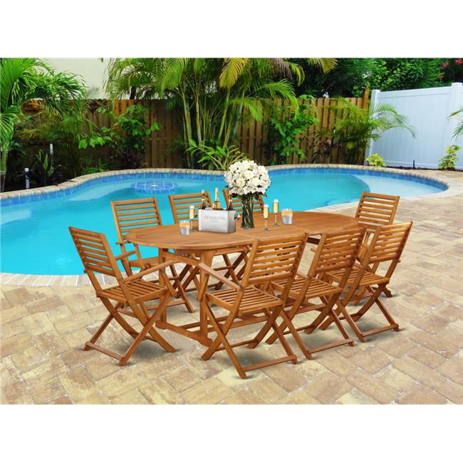 9 Piece Beasley Acacia Solid Wood Outside Patio Furniture Set - Natural ...