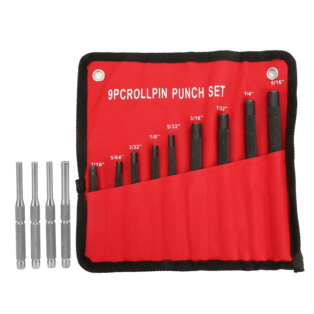 9-Piece Chrome Steel Roll Pin Punch Tool Kit + 4-Piece Hollow End ...