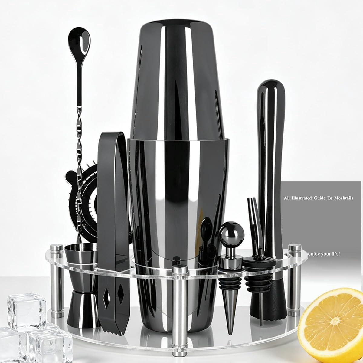 9-Piece Cocktail Shaker Set with Stand, 25oz Boston Shaker, Strainer ...