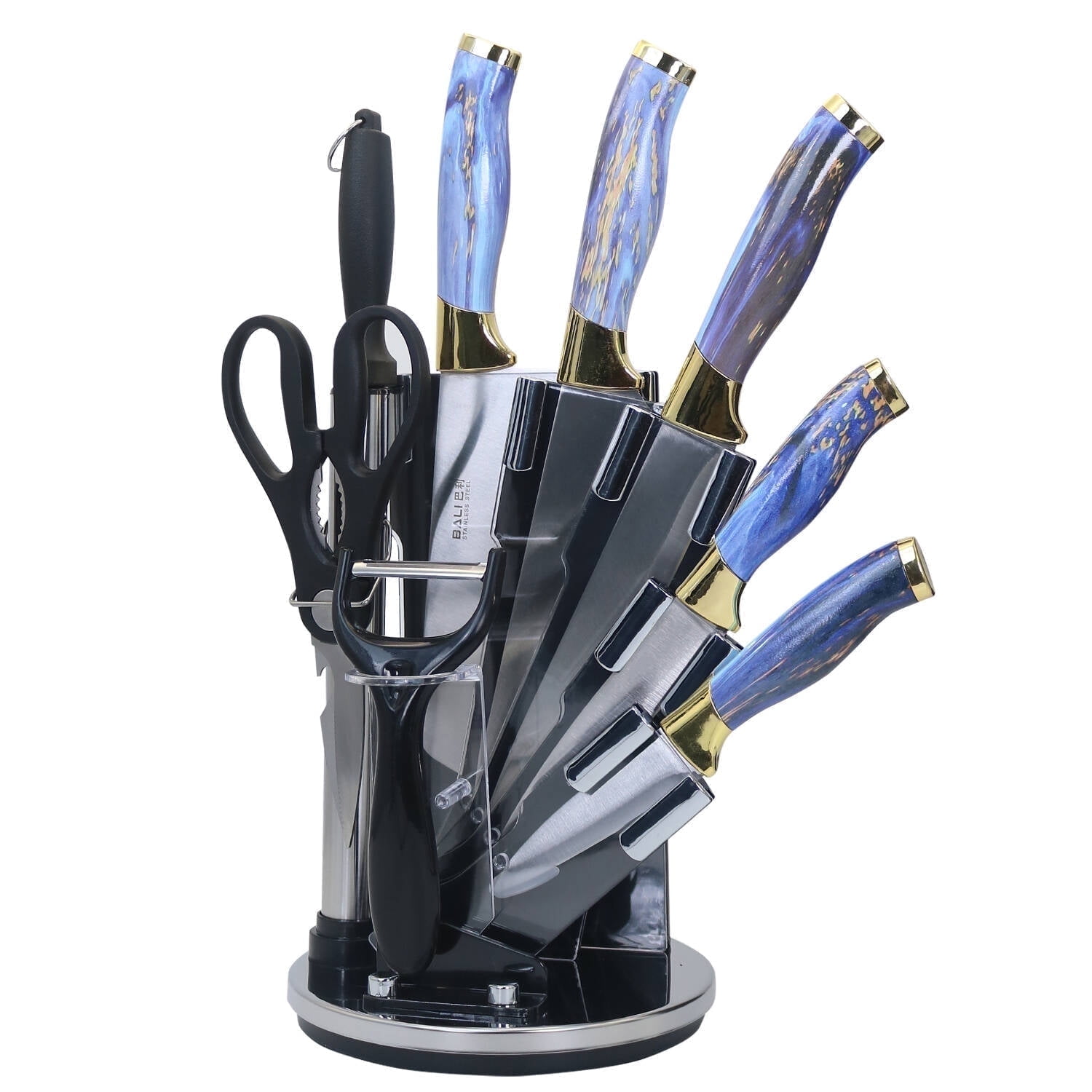 9-Piece Colorful Kitchen Knife Set with Rotating Stand - 4 Ergonomic ...