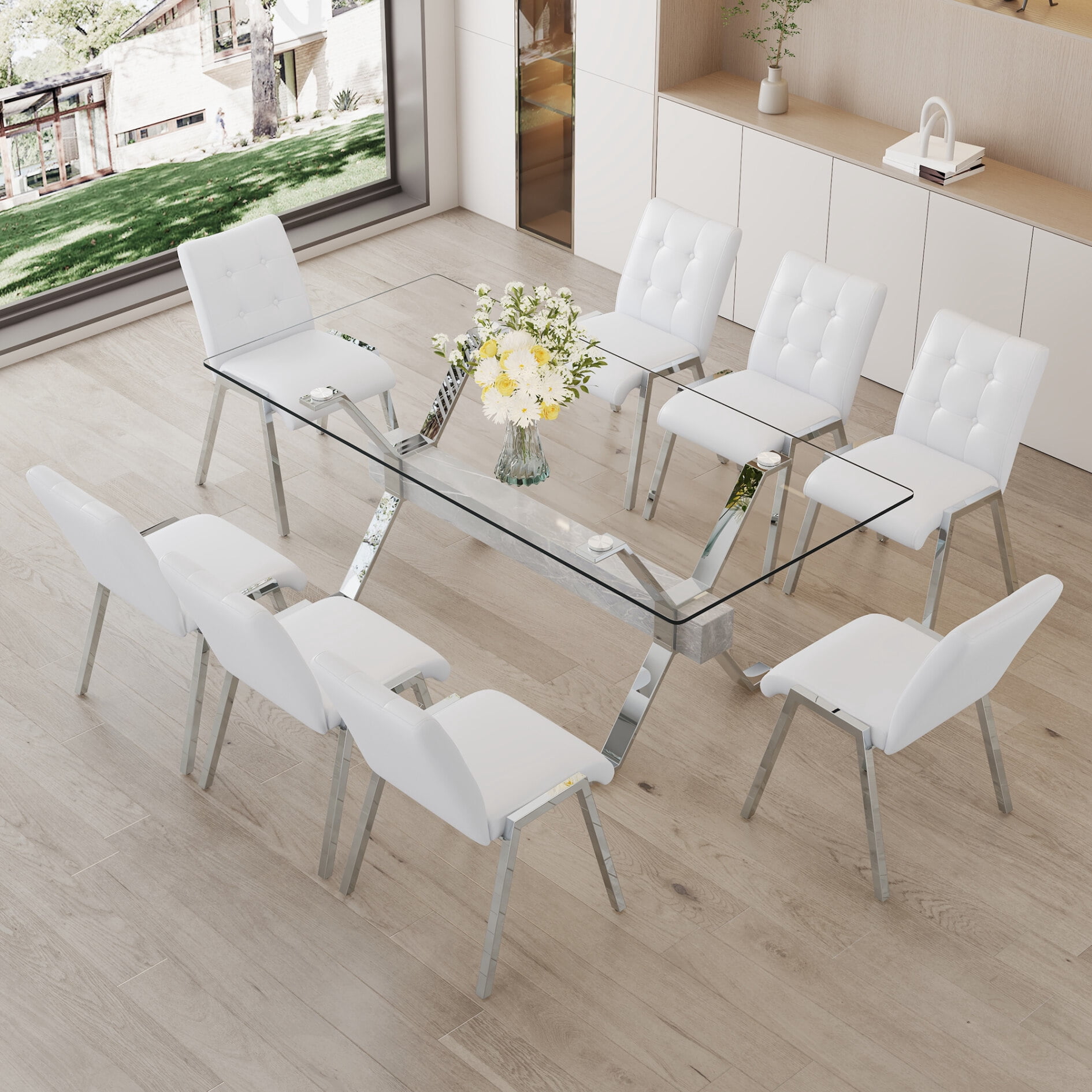 9 Piece Dining Table and Chair Set, Tempered Glass Table and 8 Kitchen ...