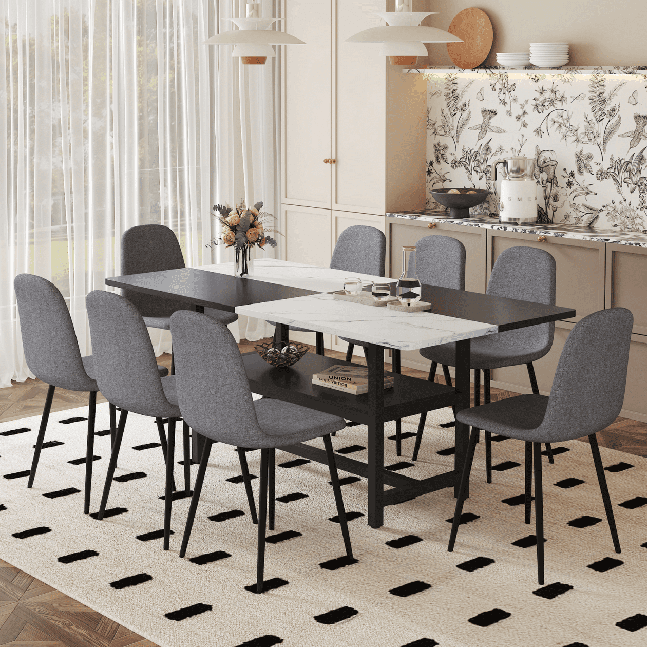 9-Piece Dining Table Set with 8 Chairs, 71" Modern Kitchen Table Set ...