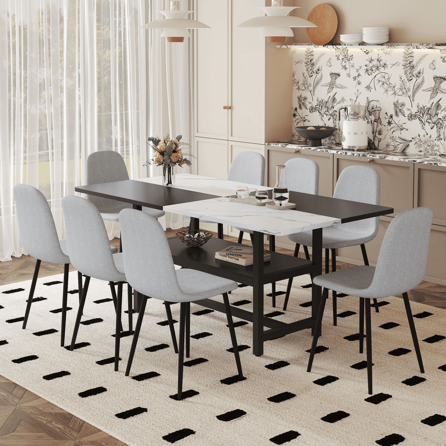 9-Piece Dining Table Set with 8 Chairs, 71" Modern Kitchen Table Set ...