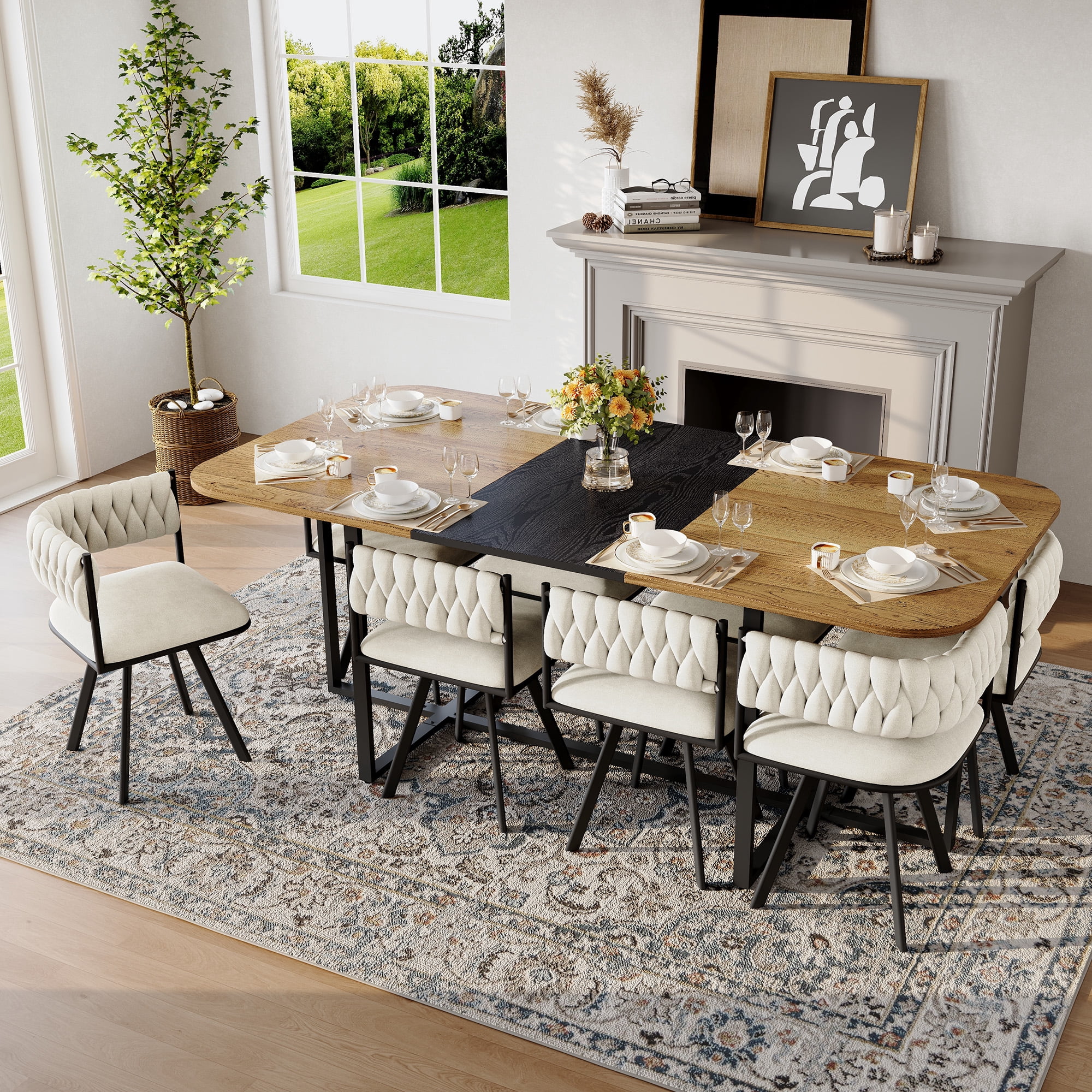 9-Piece Dining Table Set for 8 People, Square Fixed Two-Tone Wood Grain ...