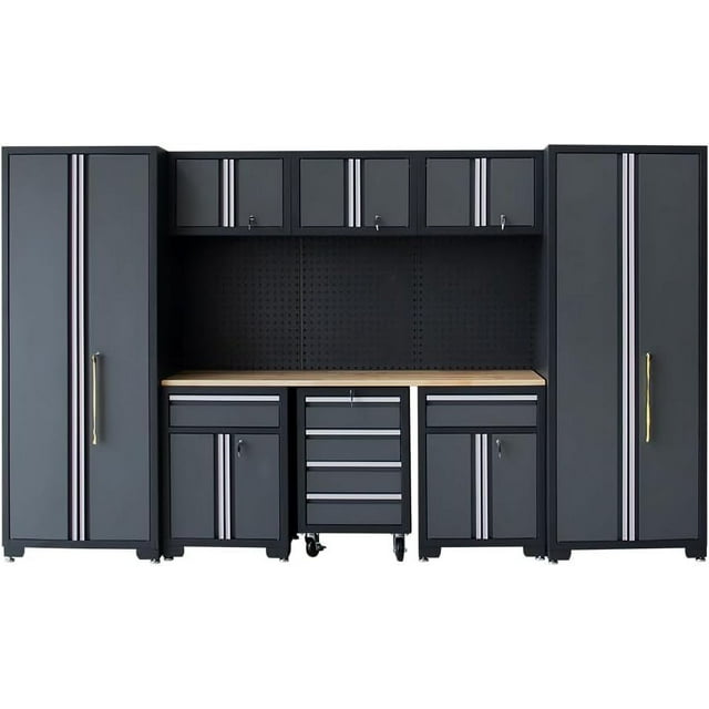 9 Piece Garage Shop Tool Storage Cabinet Set With Pegboard And Wooden Work Top 24 Gauge Steel