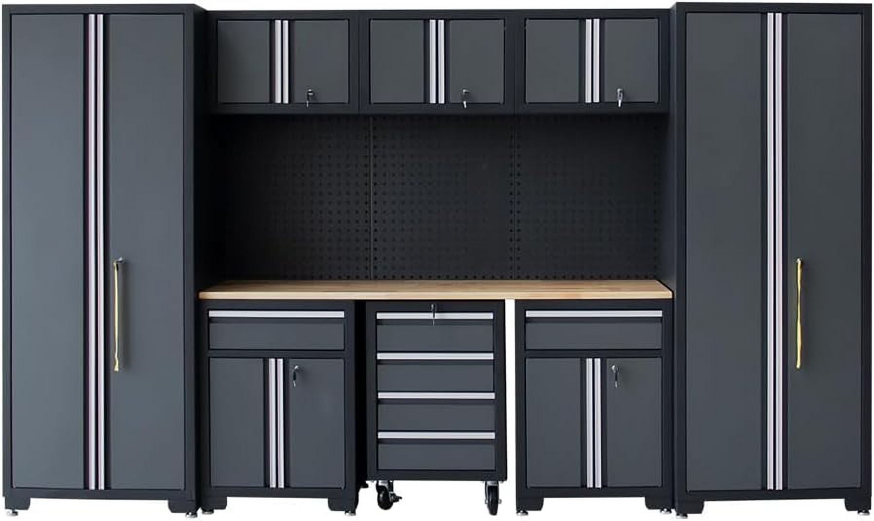 9-Piece Garage Shop Tool Storage Cabinet Set with Pegboard and Wooden Work Top 24 Gauge Steel ...