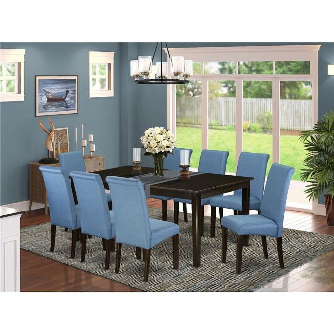 9 Piece Henley Dining Room Table with Linen Blue Fabric Parson Chairs ...