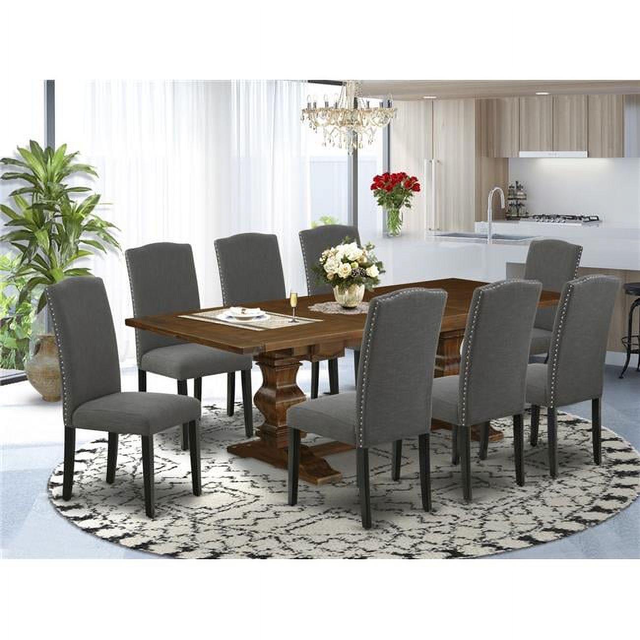 9 Piece Lassale Dining Room Table Set - Antique Walnut, Black & Dark ...