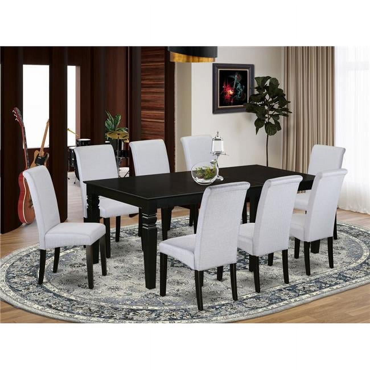 9 Piece Logan Dining Table with Linen Grayish Blue Fabric Kitchen Chairs & Black Chair Legs ...