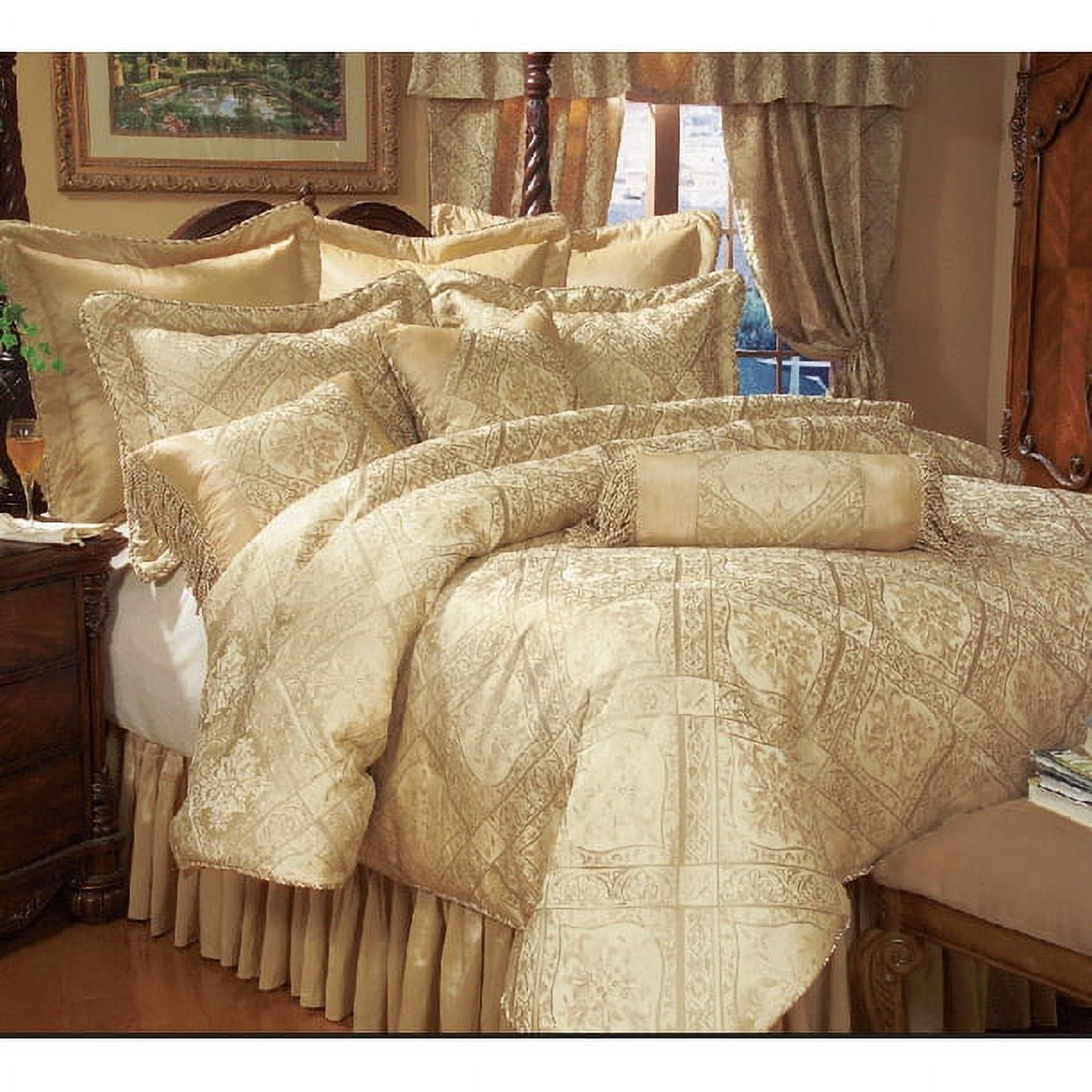 King Size 9 Piece Luxurious Silky Gold Imperial Jacquard Bedding ...