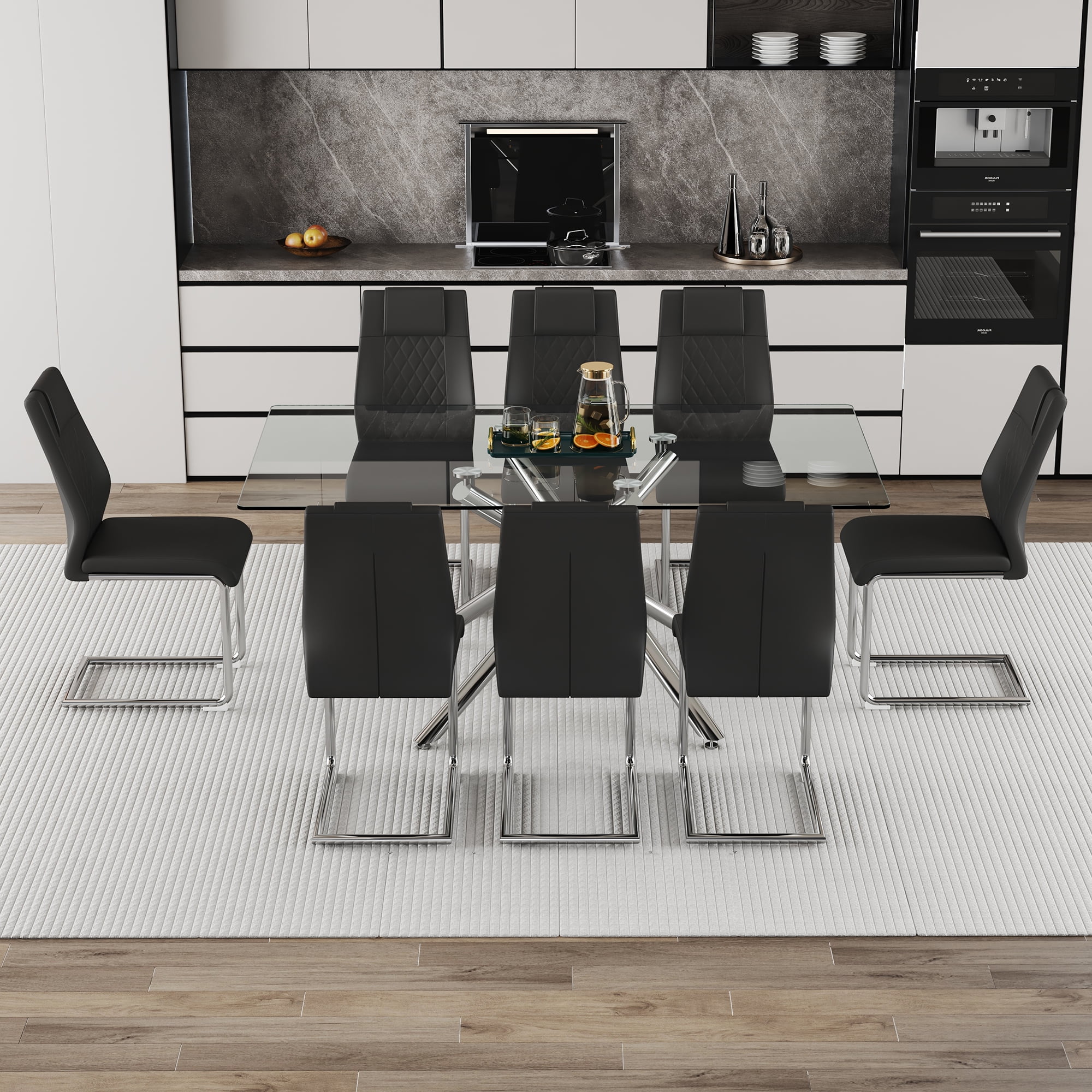 9-Piece Luxury Glass Dining Set - Tempered Glass Table + 8 Premium PU ...