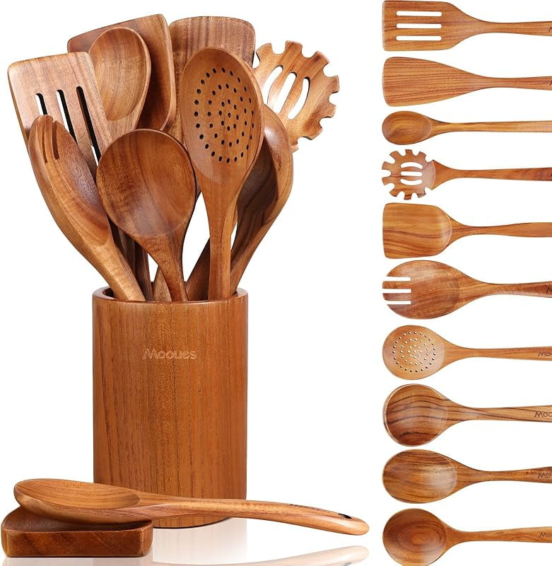 9 Piece Natural Teak Wooden Kitchen Utensil Set with Spoon Rest ...