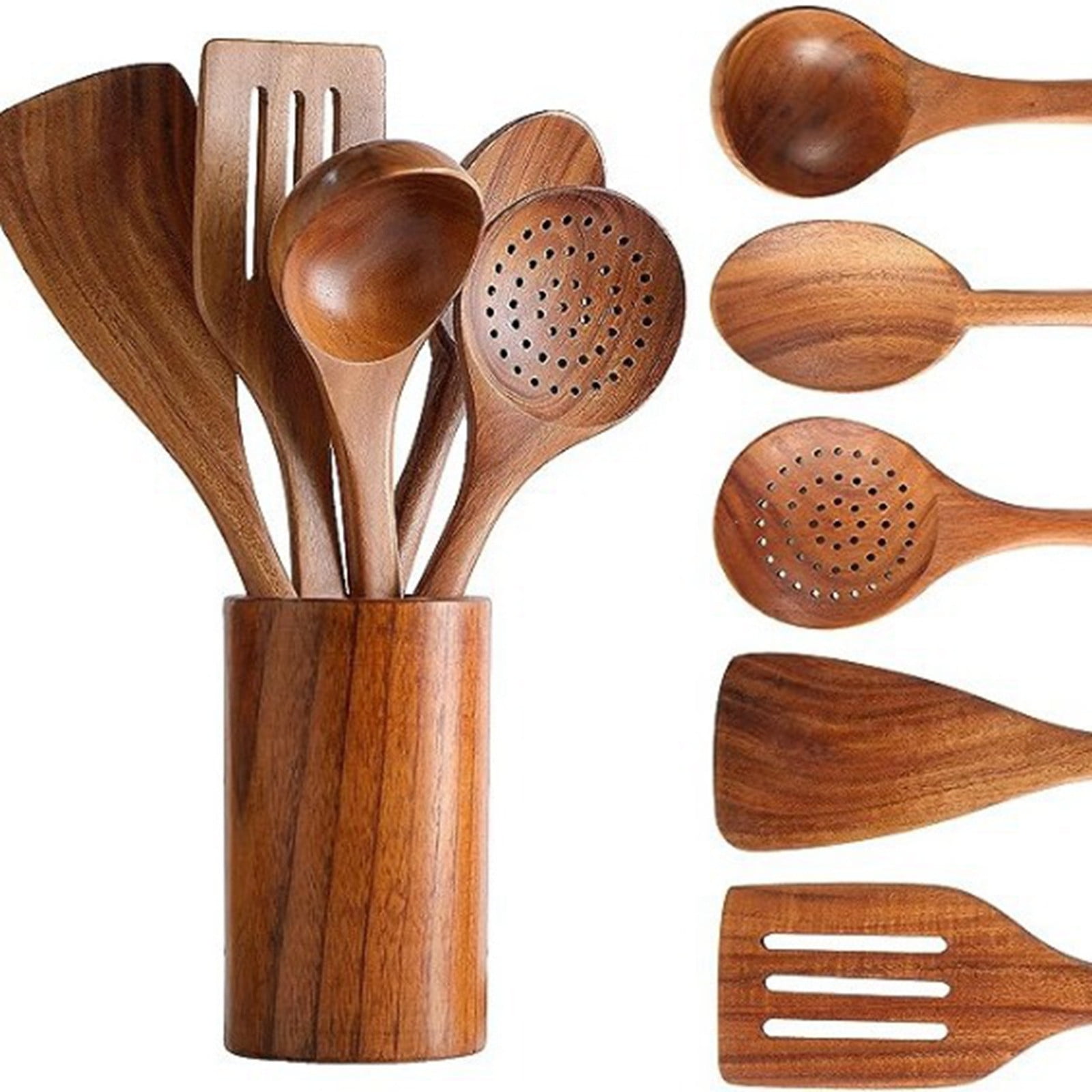 9 Piece Natural Teak Wooden Kitchen Utensil Set with Spoon Rest Comfort ...
