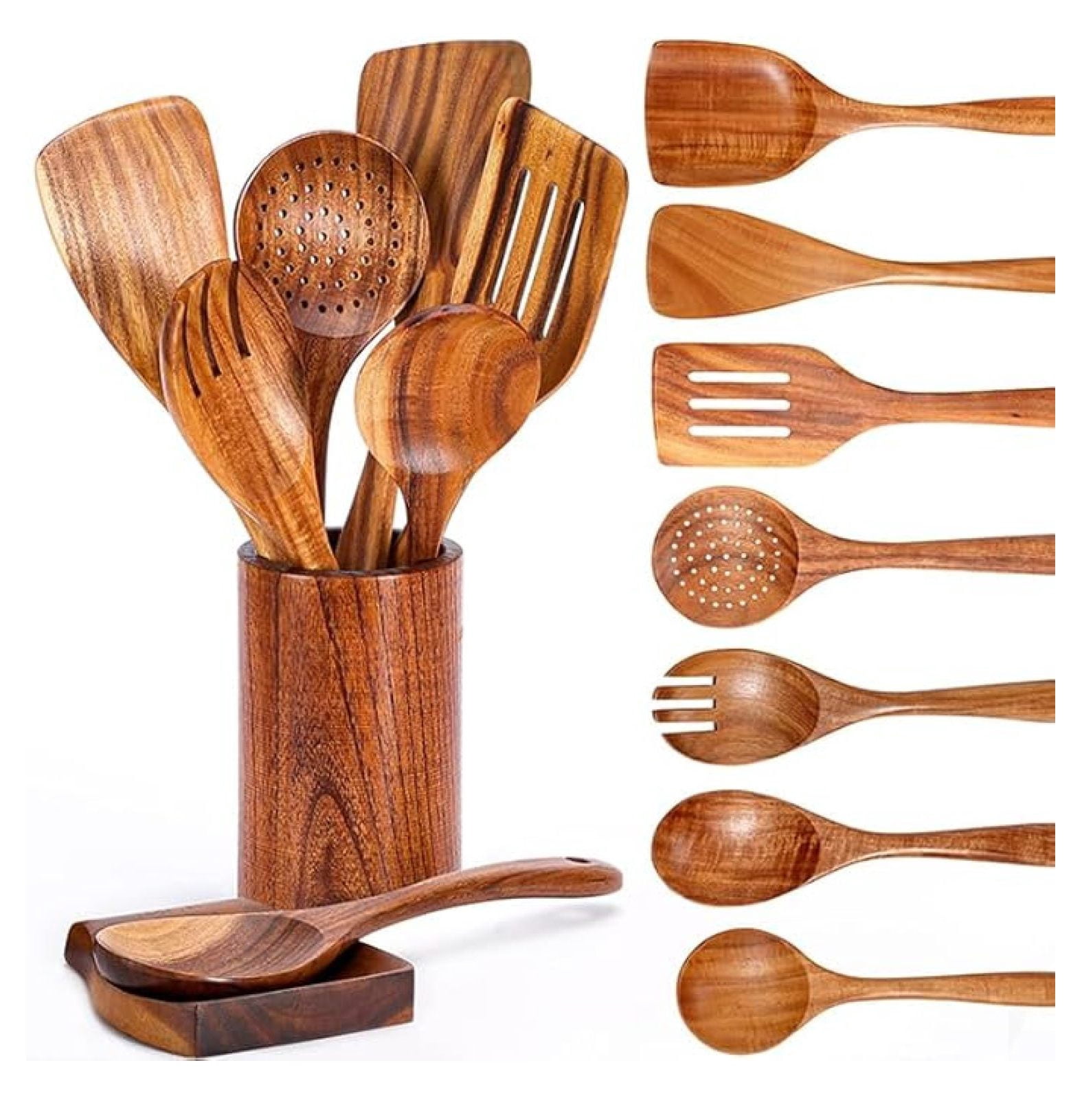 9 Piece Natural Teak Wooden Kitchen Utensil Set with Spoon Rest - Grip ...